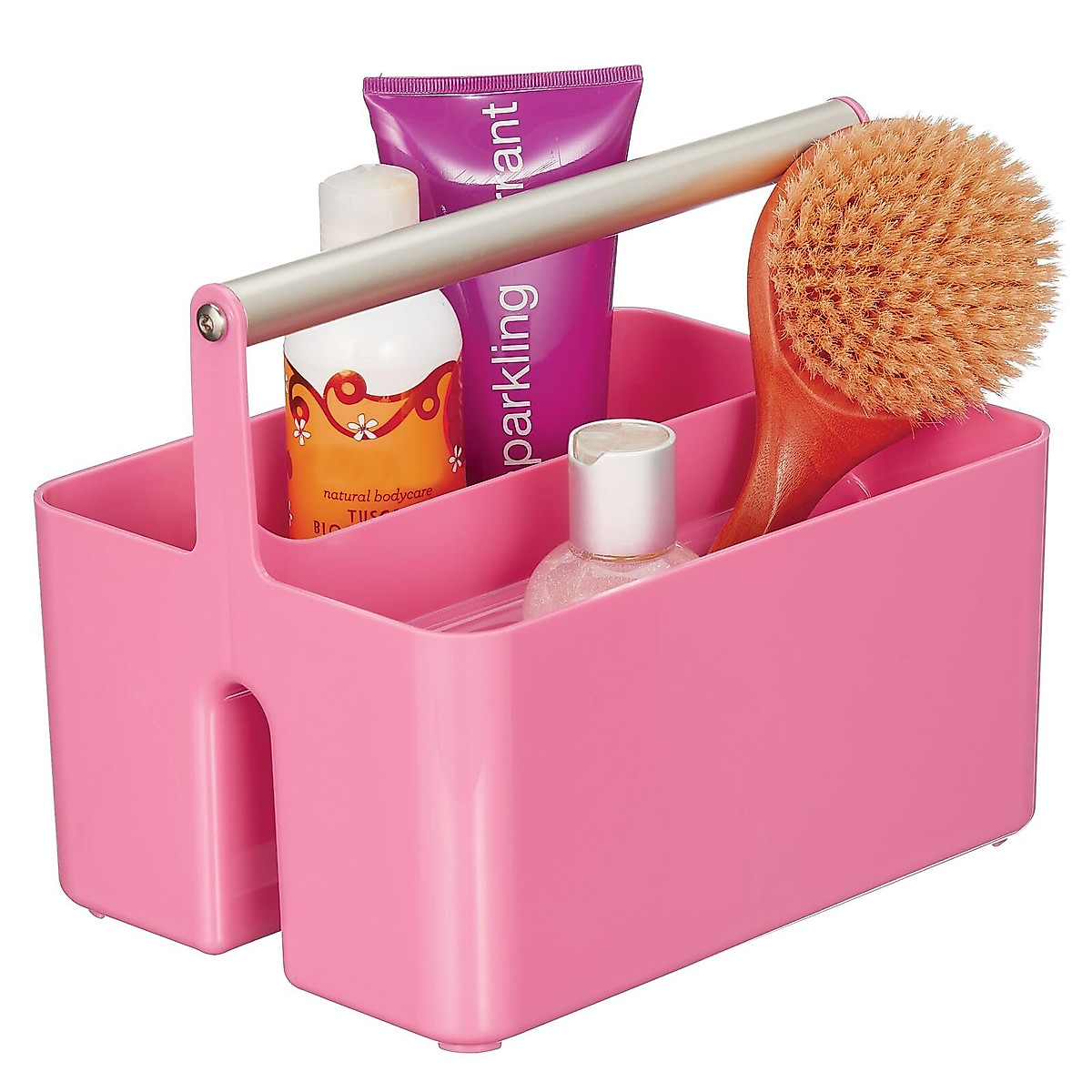 mDesign Plastic Shower Caddy Storage Organizer Utility Tote, Divided Basket Bin - Metal Handle for Bathroom, Dorm, Kitchen, Holds Soap, Shampoo, Conditioner - Aura Collection - Rose Pink/Satin