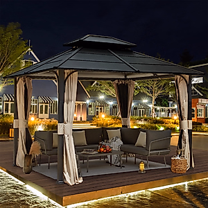 Metal Gazebo 10' x 12' W/Double Steel Roof, Permanent Anti-Rust Coating Iron Hardtop Outdoor Gazebo w/Curtains and Netting for Patio Backyard Garden Lawn Deck, w/Hook Design