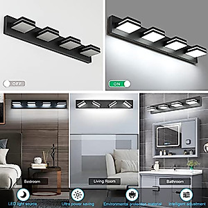 SineRise LED Modern Bathroom Vanity Light Fixtures (4-Light, 30-Inch, Dimmable), Matte Black Modern Acrylic Bathroom Wall Lighting Fixtures Over Mirror (Cool White 6000K)