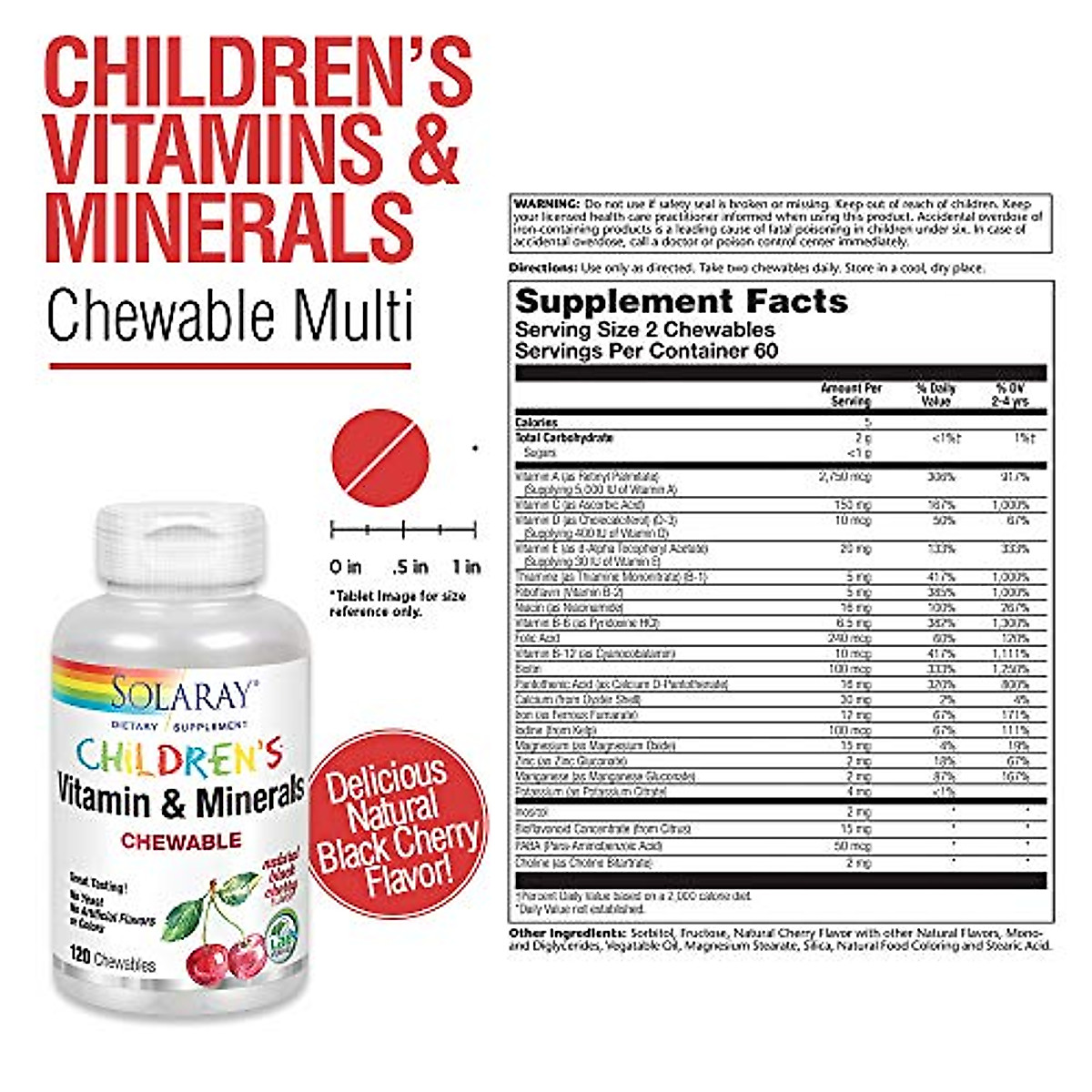 SOLARAY Childrens Vitamins & Minerals | Complete Multivitamin for Kids | Great Black Cherry Flavor (120 Chews, 60 Serv)