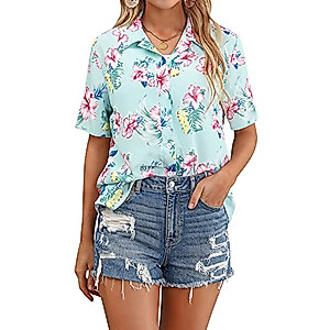 ZXZY Women Summer Hawaii Shirts Soft Cool Floral Tropic Print Short Sleeve Button Up Tops T-Shirt Light Green