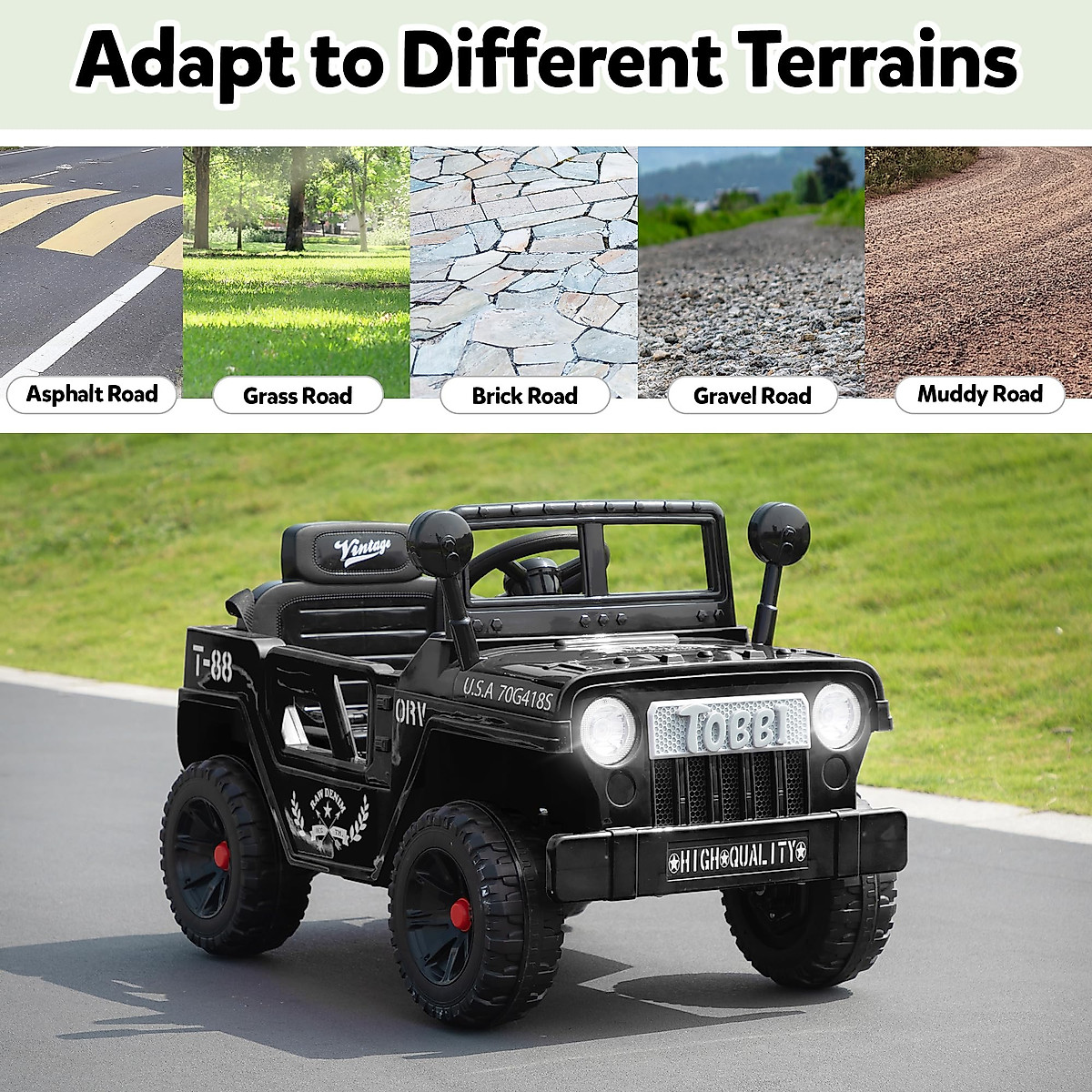 TOBBI 12V Off-Road Kids Ride On Car Truck, Battery Powered 4 Wheels Ride On Toys for Boys and Girls Aged 2-6 Years w/Horn, LED Lights, Portable Pull Rod, Double Open Doors, Green