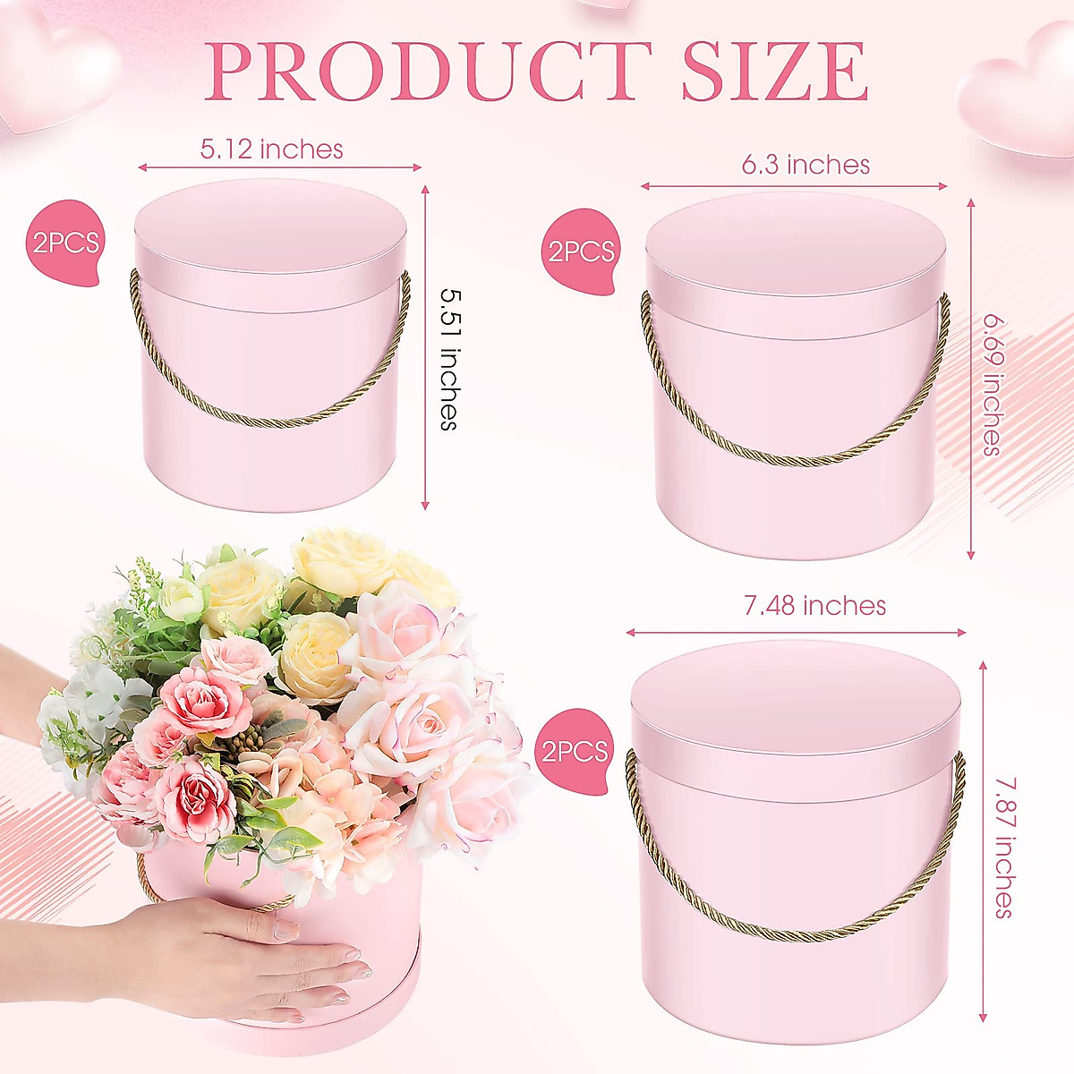 Skylety 6 Pcs Round Flower Boxes with Lids Valentine‘s Day Gift Boxes with Handle for Flowers Arrangement Assorted Sizes Nesting Gift Box for Bridesmaid, Wedding, Birthday, Baby Showers(Pink)