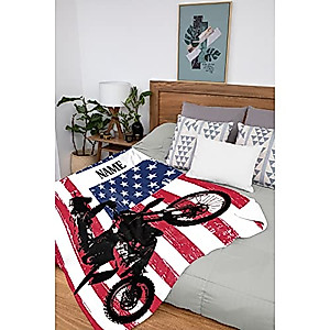 American Flag Motocross Dirtbike Custom Blanket Personalized Name Blanket with Text for Great Gift for Family, Christmas, Soft Flannel Customized Name Blankets for Girls, Boys M 60"x50" for Teen
