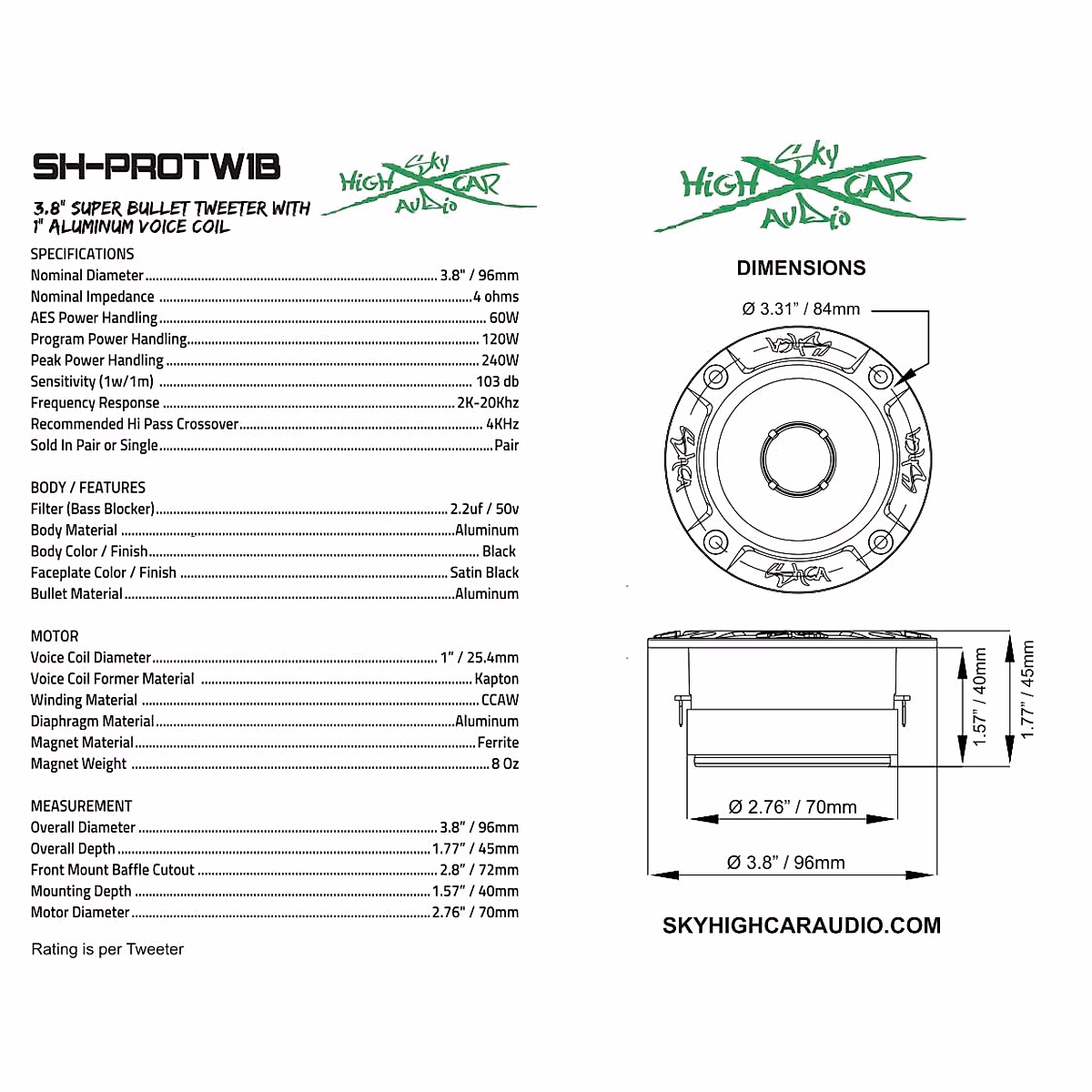New Sky High PROTW1B Super Bullet Car Audio Tweeters 1" VC 4 ohm 120W (Pair)