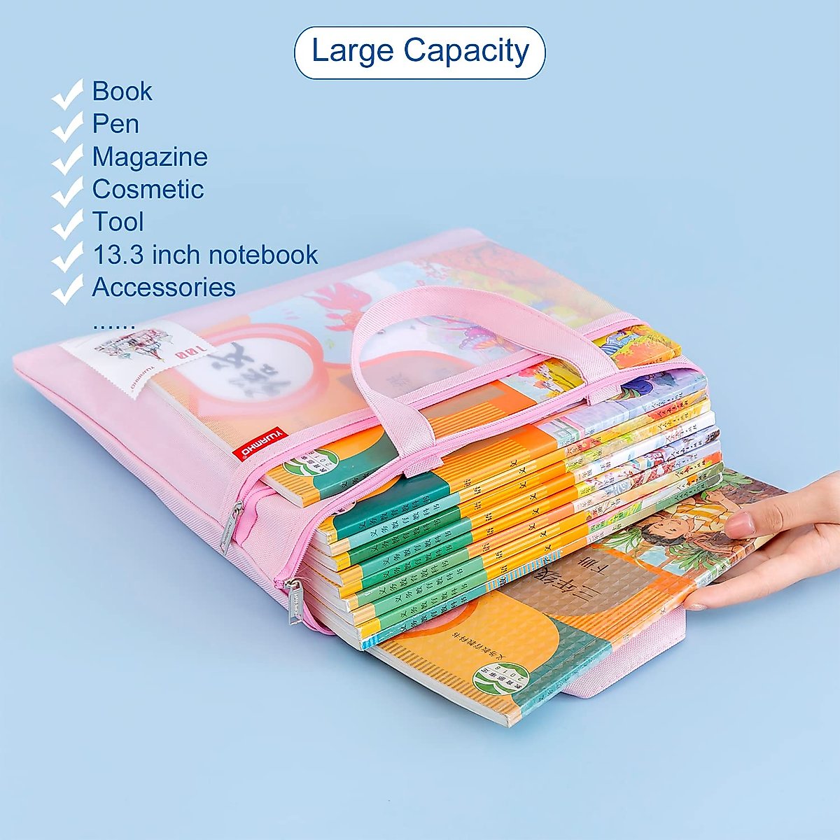 pendancy Mesh Zipper Pouch 11x13.7 in, Large Double Pocket Waterproof File Bag with Handle, A4 Size Foldable Document Storage for Puzzle Project/Cross Stitch/Travel/Office（Pink）