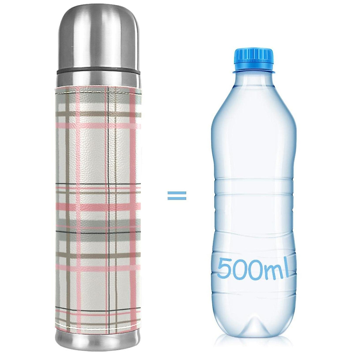 Stainless Steel Leather Vacuum Insulated Mug Cascading Plaid Thermos Water Bottle for Hot and Cold Drinks Kids Adults 16 Oz