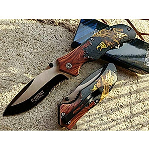 8.5" Spring Assisted Pocket Knife for Men Blade Eagle Wood Handle with Ultra Sharp Blade Premium Tactical Folding Knife Survival Hunting Camping Knives