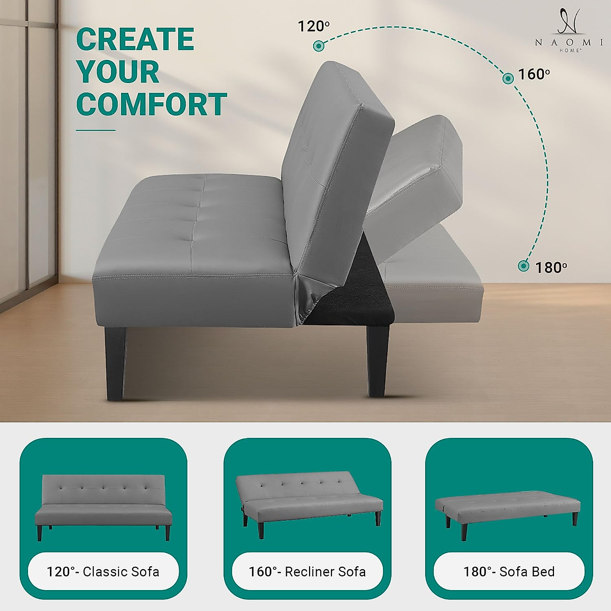 Naomi Home Gray Faux Leather Futon Sofa Bed, Modern Convertible Sofa with Wooden Legs, Reclining Small Couch Bed, Durable and Sturdy, 66'D x 32'W x 31'H