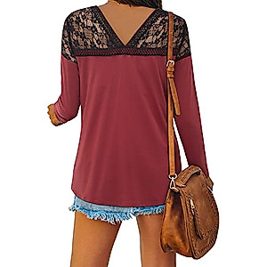 LAISHEN Women's V Neck Crochet Lace Trim Long Sleeve Casual Loose Blouses Tunic Tops(Red,M)