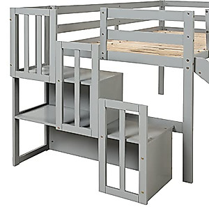 HABUHOME Loft Bed with Staircase, Storage, Slide, Twin Size, Full-Length Safety Guardrails, No Box Spring Needed, Grey