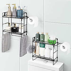 Vrisa 2 Pack Over The Toilet Storage Shelf 2-Tier Bathroom Organizer Over Toilet Multifunctional Toilet Rack with Hook and Paper Holder No Drilling Space Saver with Wall Mounted Design(Black)