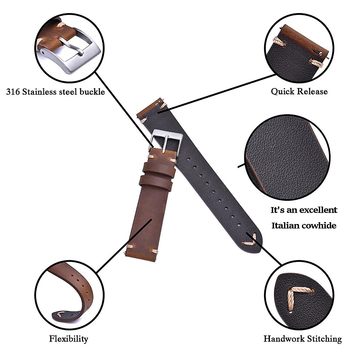 Niziruoup Watch Band Top Grain Leather Strap 19mm 20mm 21mm 22mm Vintage Quick Release Crazy Horse Oiled Leather Watch Strap Bracelet Genuine Replacement Band for Men Women, Leather, Black