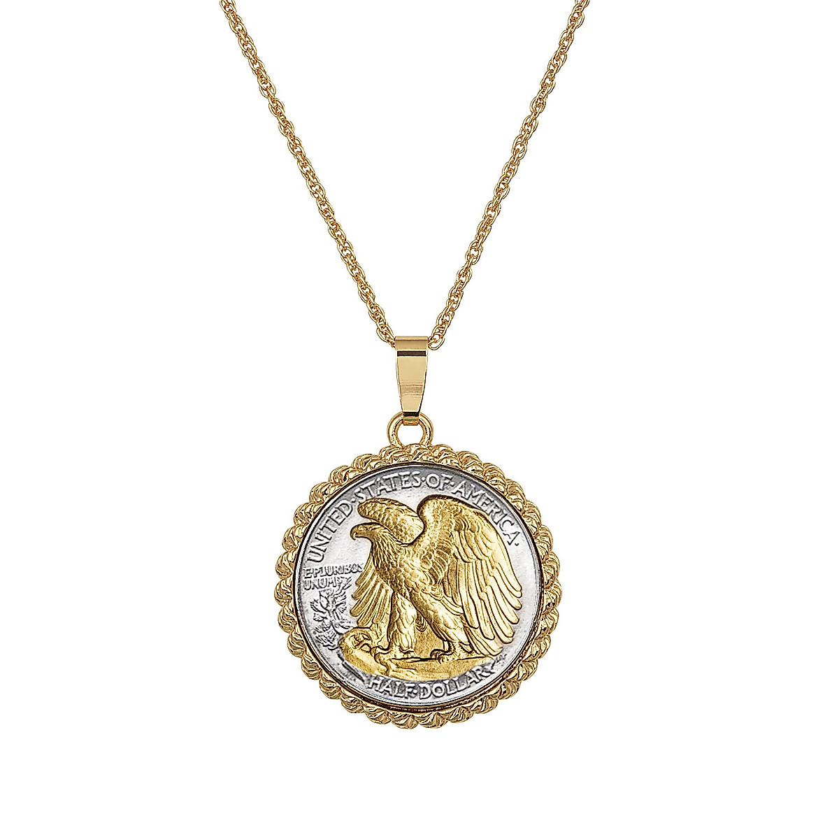 American Coin Treasures Coin Pendant Necklace Walking Liberty Half Dollar– United States Genuine Coin | Eagle Reverse Side| Goldtone 24 Inch Rope Chain | Certificate of Authenticity