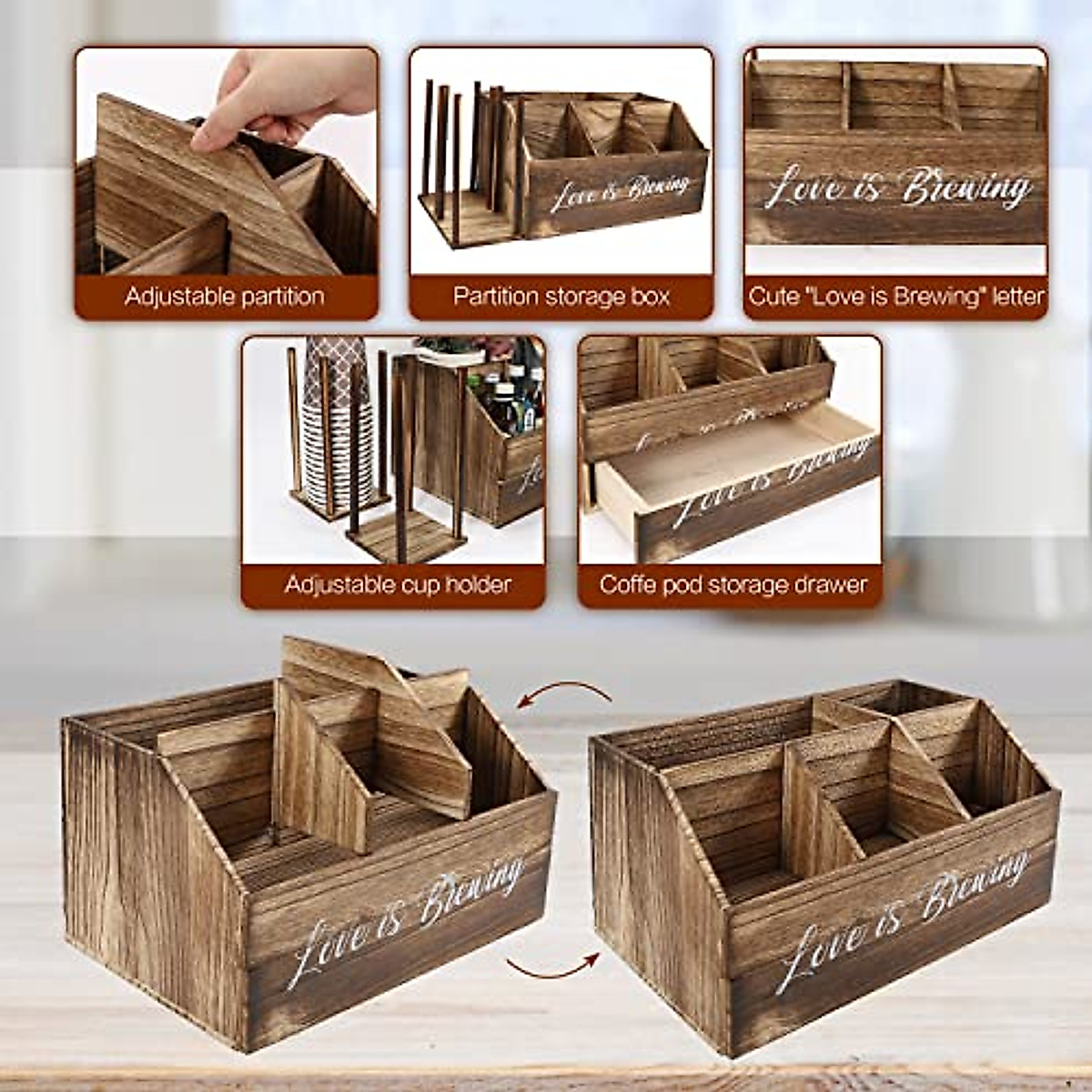 Coffee Station Organizer - Wooden Coffee Bar Organizer for Countertop Office Coffee Organizer Station with Drawer Farmhouse Coffee Bar Decor for Coffee Capsule Pod, Sugar, Cups, Tea Bag (Burnt Wood)