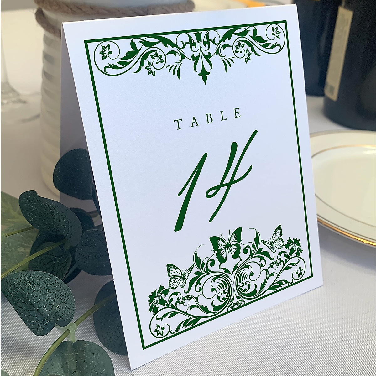 Butterfly Flourish Wedding Table Numbers (Select Color/Quantity), White, Hunter Green, 1-15, Double Sided, Tent or Use in a Stand, Great for Parties & Restaurants