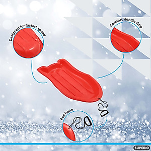 Superio Pack of 2 Toboggan Snow Sleds for Kids and Adults, 37" Plastic Sleds with Pull Ropes and Handles (Red-Blue)