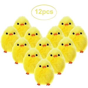12 Pieces Easter Fur Chicks Fluffy Chenille Chicks Soft Plush Toys Easter Chicks 2.5 Inches Kids DIY Easter Egg Bonnet Decorations Chick Plush Stuffed Animal for Easter Party Favors