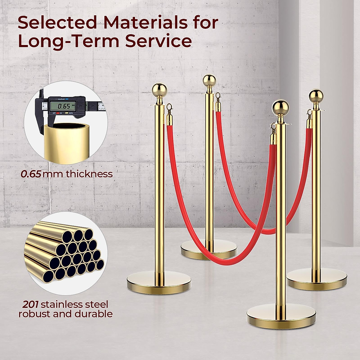 Yaheetech 2pcs Stainless Steel Stanchion Posts - 6.6FT Extended Red Velvet Rope Retractable Barriers Ropes Safety Barriers Set with Stable Base for Party Supplies Theater Hotels Clubs Museums, Gold