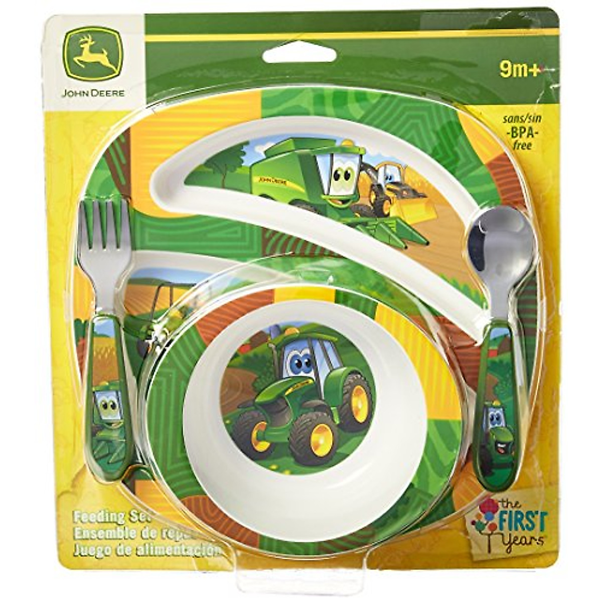 The First Years John Deere's Johnny Tractor and Friends Dinnerware Set - Toddler Plates and Bowls Set - Includes Toddler Plate, Toddler Bowl, Toddler Fork and Toddler Spoon - 4 Count