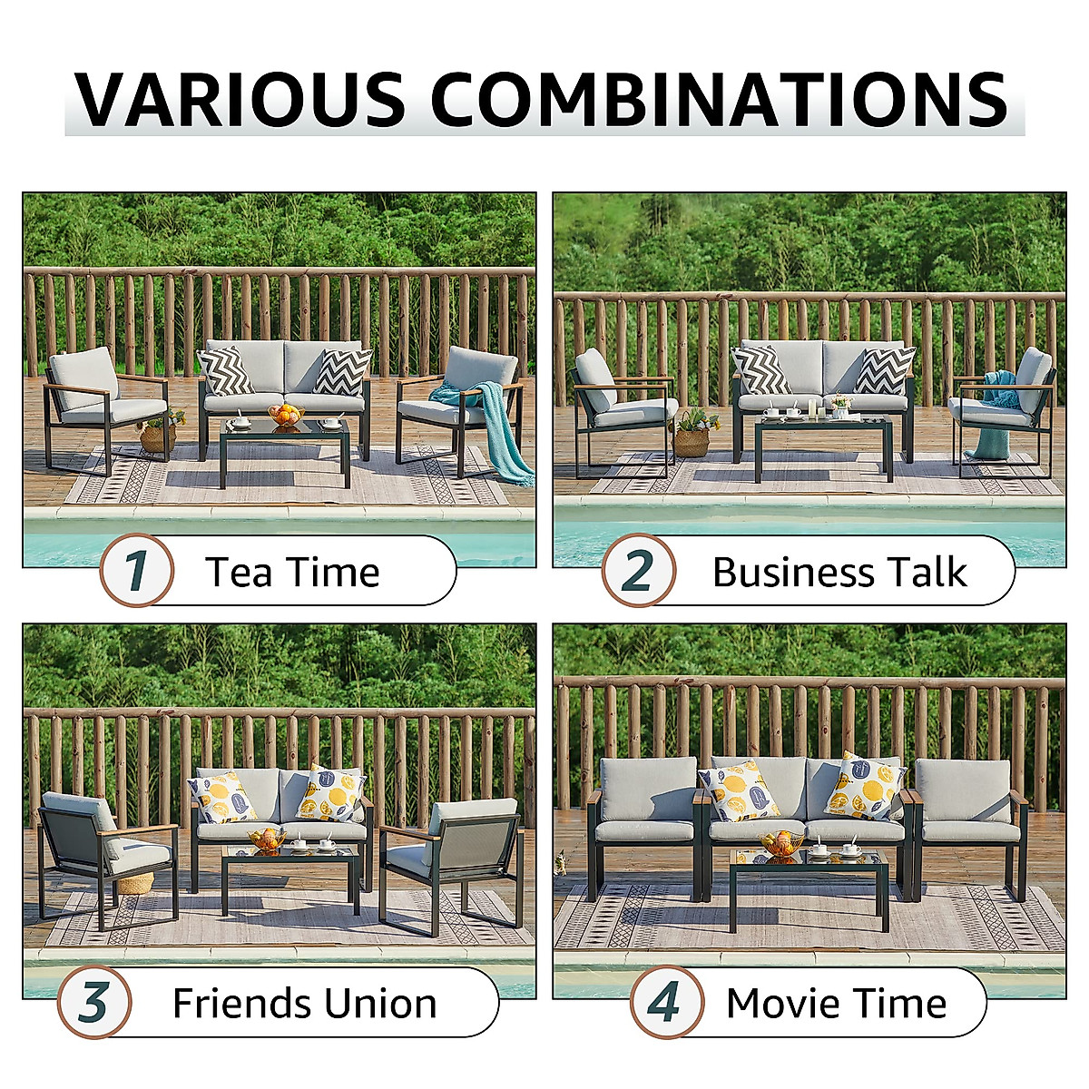 NATURAL EXPRESSIONS 4 Pieces Patio Furniture Sets,Outdoor Metal Sectional Furniture Modern Patio Conversation Set,Fuaxwood Anti-Scald Armrest,Sling Mesh,Tempered-Glass Table,4" Olefin Cushions