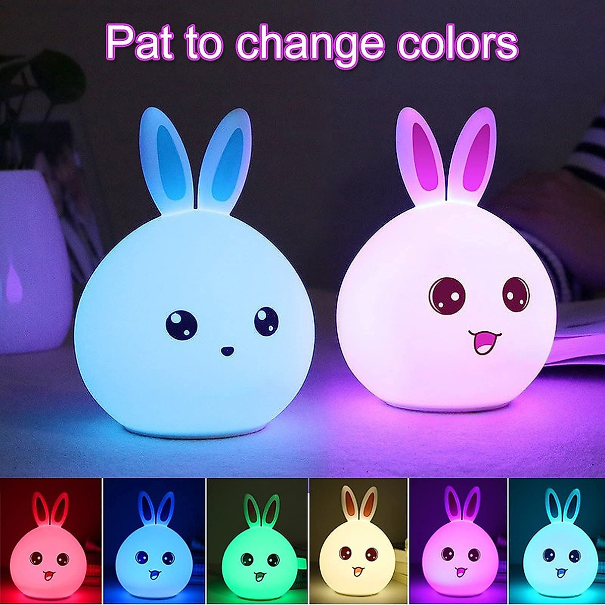 Cute Silicone Rabbit Night Light, USB Rechargeable Rabbit LED Soft Silicone Touch Sensor Bedside Pat Lamp for Children Baby Kids Gift Room Decor Lamps
