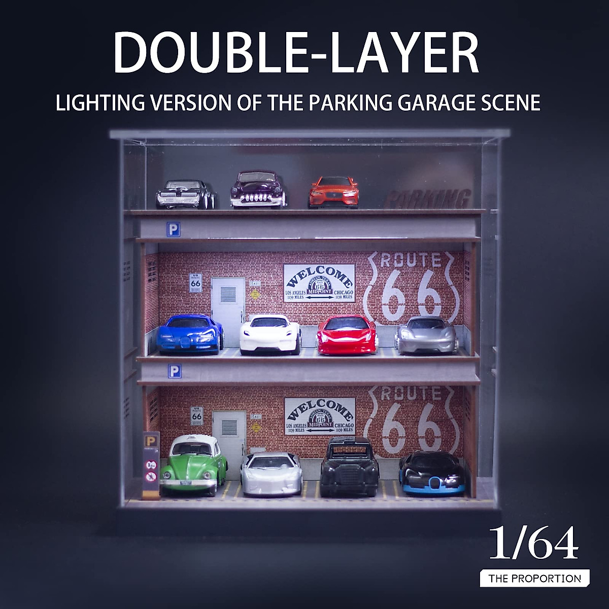SIKIVOT Double Deck Garage Display Case， 1/64 Scale Parking Lot Model Car， Die-cast Car Garage Display Case，12 Parking Space with LED Light and Acrylic Cover (7642 Red Brick Wall)