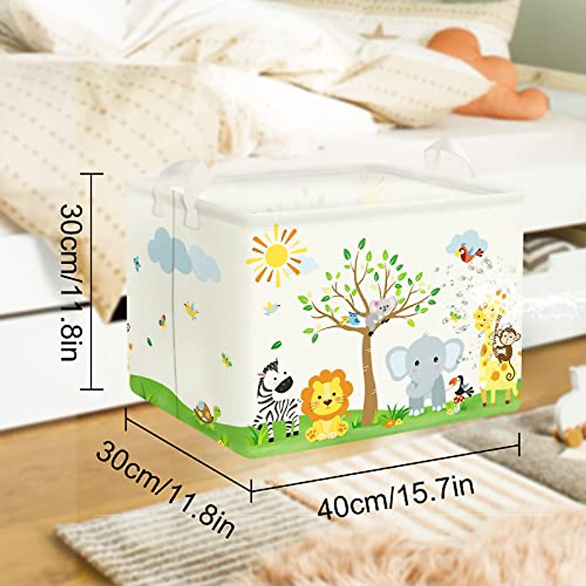 Clastyle Cube Jungle Safari Animals Nursery Storage Basket Forest Elephant Giraffe Tree Shelf Basket for Clothes Toys Books Rectangle Bedroom Playroom Monkey Lion Storage Bin, 36L