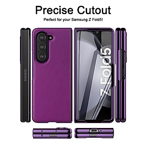 Feitenn for Samsung Z Fold 5 Case, Z Fold 5 Genuine Leather Back Case Slim Hard PC Bling Shockproof Case with Front Tempered Glass Screen Protector Film for Samsung Z Fold 5 2023 (Purple)