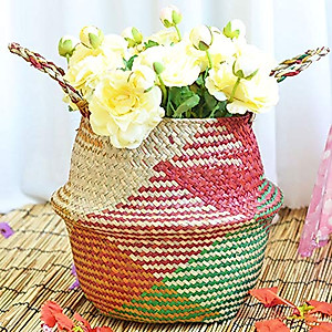 Seagrass Storage Basket Foldable Sundries Basket Handmade Rattan Woven Flower Basket Plant Pot Storage Organizer Home Supplies Red L