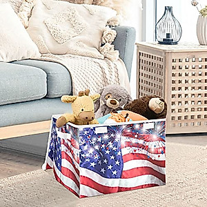 innewgogo American Flag Firework Storage Bins with Lids for Organizing Large Collapsible Storage Bins with Handles Oxford Cloth Storage Cube Box for Car