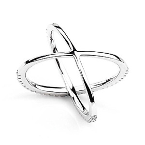 LEMON GRASS Womens Criss Cross Ring X Ring Micropave CZ Inlay in Silver Rhodium Plating Size 7