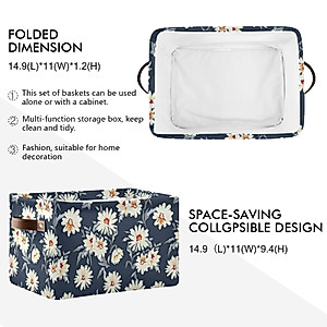 AUUXVA Floral Flower Daisy Leaves Pattern Storage Basket Large Foldable Storage Organizer Cubes Bins with Leather Handles Sturdy Collapsible Boxes for Shelf Cloth Toy Closet-2 Pack