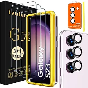 ivoler [3+1 Pack Tempered Glass Screen Protector for Samsung Galaxy S23 5G 6.1'' 2022 [3 Pack] [Not Fit Galaxy S23 Ultra& S23 Plus ] with [1 Pack] Camera Lens Protector with Alignment Frame HD Clear