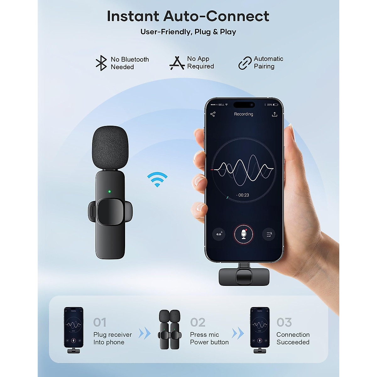 KUKIHO 2 Pack Wireless Lavalier Microphone for iPhone iPad and Android Phone, Lapel Mic Plug and Play Wireless Mic Noise Reduction Microphone for Video Recording Interview Podcast Vlog YouTube Tiktok