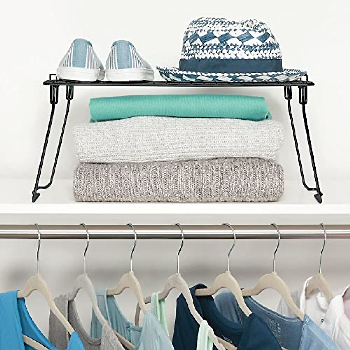mDesign Metal Stackable Storage Shelf - Closet, Cabinet, Countertop 2-Tier Raised Organizer - for Bedrooms, Bathrooms, Entryways, Hallways - 17" x 12" x 8", 4 Pack - Black