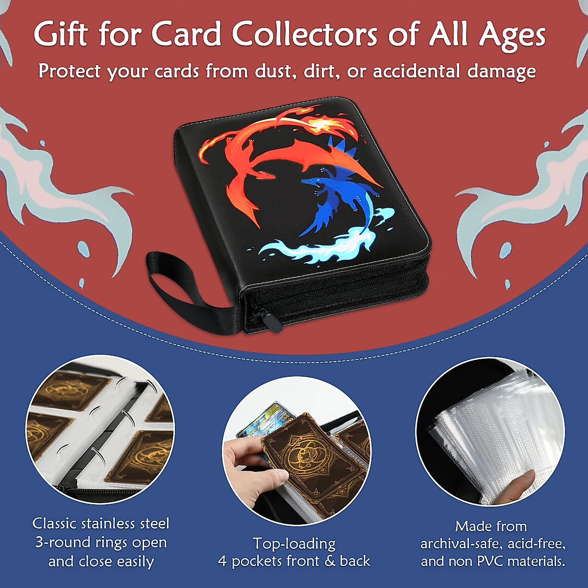 4 Pocket Card Binder for Cards, 400 Pockets Trading Card Binder With Removable Card Sleeves, 3-Rings Zippered Style Card Collection Binder for Game Cards and Sports Cards