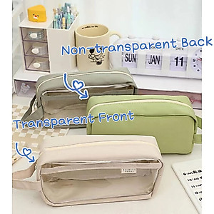 Clear Pencil Pouch Aesthetic School Supplies Large Cute Pencil Case for Girls Preppy Pencil Case Aesthetic (Beige,with Clip & Sticky Note)