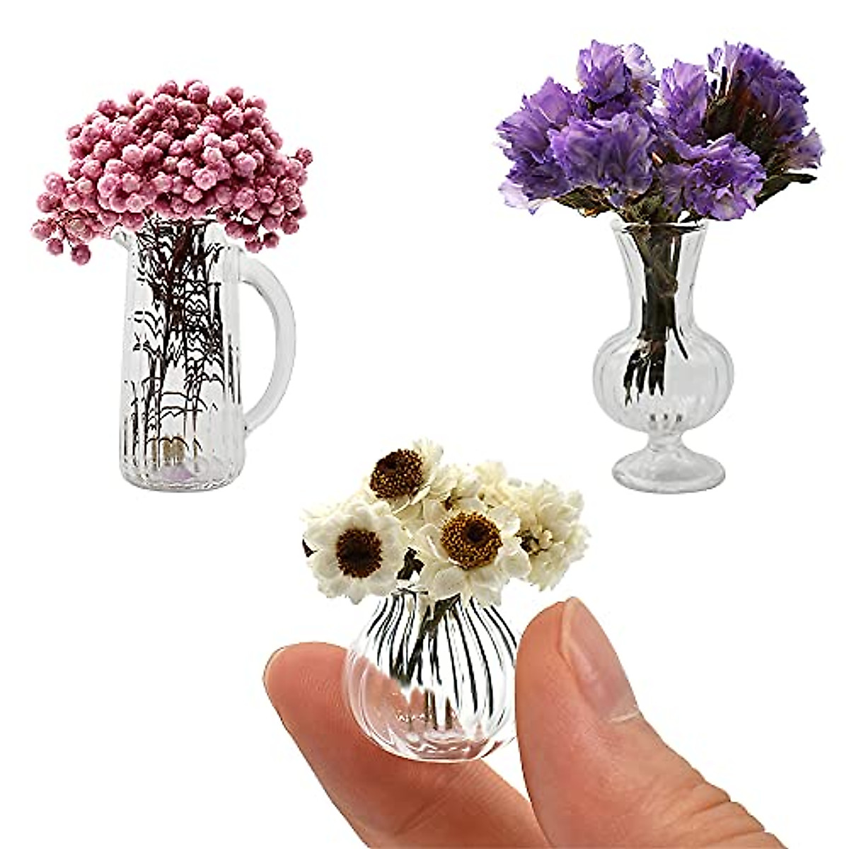 iLAND Miniature Dollhouse Accessories fits Barbie Furniture, Glass Vases w/ Dried Flowers Set for Dollhouse Furniture Antique (Luxurious 3pcs)(Luxurious 3pcs)