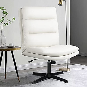 LEMBERI PU-Padded Armless Office Desk Chair No Wheels,High-Back Wide Seat Home Chair,120° Rocking Cross Legged Computer Task Chairs,Modern Adjustable Swivel Vanity Chairs (White)