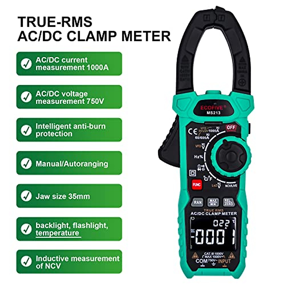 Labloot Ecofive MS213 1000A True RMS AC/DC Voltage Current Diode Capacitance Frequency Temperature NCV VFC Clamp Meter