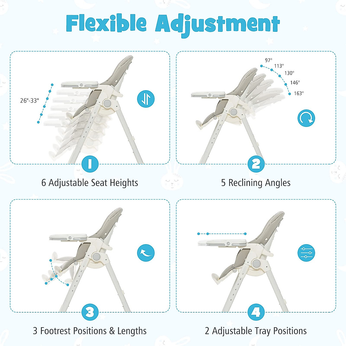 BABY JOY High Chair for Babies & Toddlers, Foldable Highchair with Adjustable Backrest, Footrest and Height, Removable Tray, Detachable Seat Cushion, 4 Lockable Wheels (Gray)