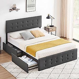 IDEALHOUSE Queen Bed Frame with 4 Storage Drawers,Grey Queen Size Upholstered Platform Bed Frame with Headboard and Wooden Slats Support No Box Spring Needed