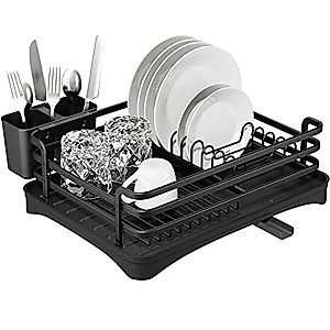 HOWDIA Dish Drying Rack, Aluminum Rust Proof Dish Rack with Swivel Spout Drying Tray, Removable Cutlery Holder for Kitchen Counter