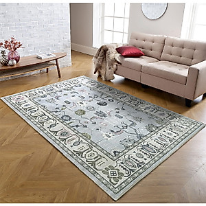 Cream Blue Oushak Rug, Modern Rugs, Vintage, Turkish, Eclectic, Floral, Pastel, Washable, Small Throw, Accent Area Rug for Living Room, Bedroom, Kitchen, Bathroom, 2'5"x4'9