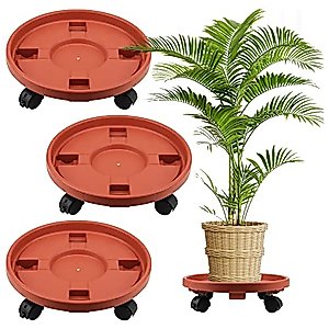 HOIGON 4 Pack 13 Inch Plant Caddy with Wheels, Drain Tube and Water Tray, Heavy Duty Plant Pallet Caddy, Round Rolling Plant Stand Flower Planter Pot Mover, Red