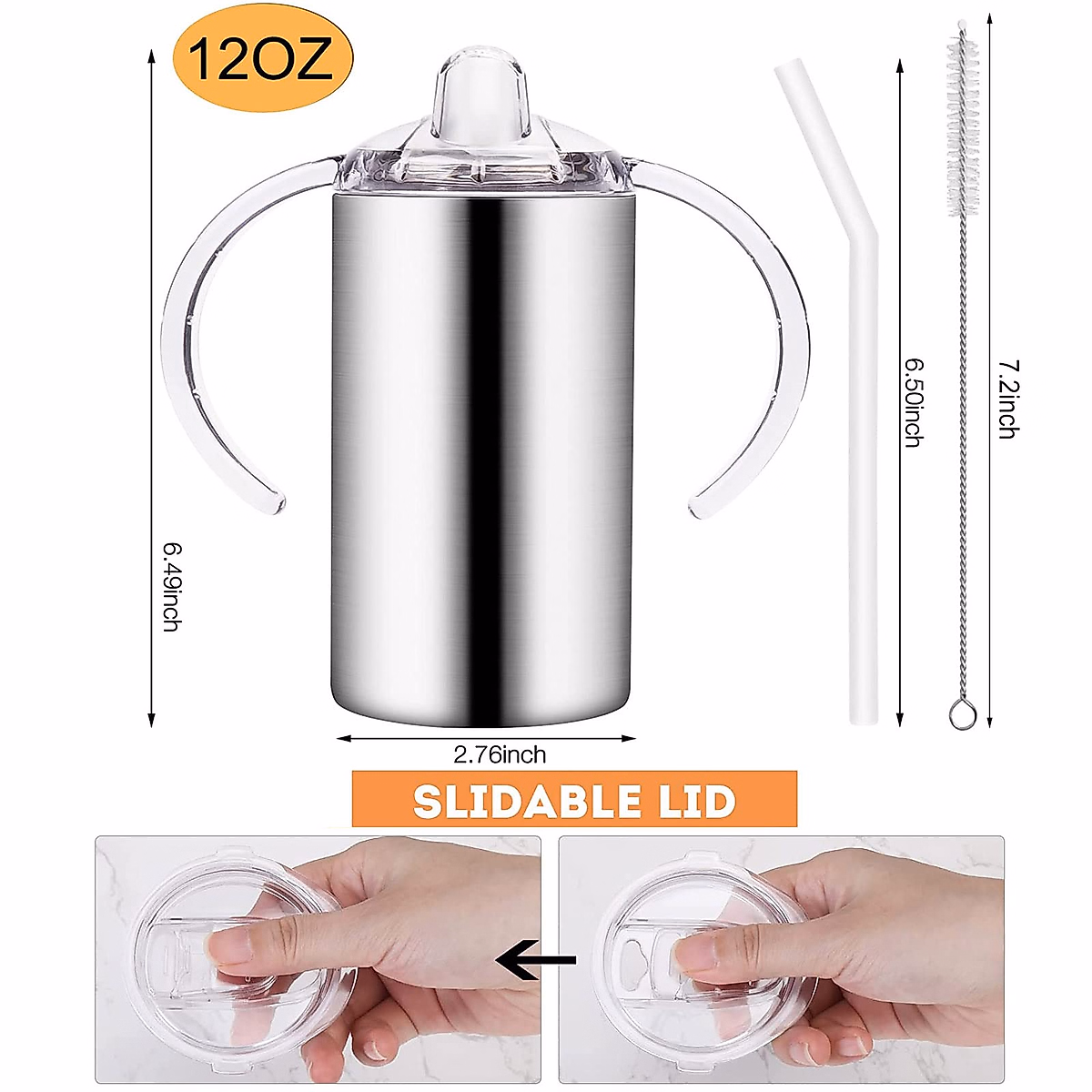 Vermida 12oz Stainless Steel Sippy Cups for Toddlers with Handles, Spill Proof Double Wall Vacuum Insulated Sippy Cups, Kids Straw Cups with Extra Lids for School, Outdoor