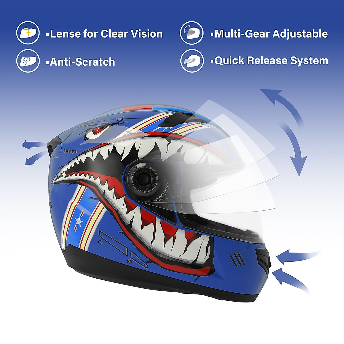 DOT Youth Helmet Off-Road Motocross Full Face Helmet ATV Dirt Bike Racing for Youth Child Kids Big Shark Mouth Pattern