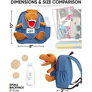 Naturally KIDS Small Dinosaur Backpack - Dinosaur Toys for Kids 3-5 - Toddler Backpack for Boy Girl w Stuffed Animal - Gifts for 3 Year Old Boy - w Pockets & Reflective Logo - Backpack w Brown T Rex