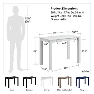 Ameriwood Home Parsons Desk with Drawer, White , 19.7D x 39W x 30H in